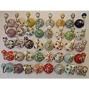 ZOYA - CERAMIC KNOBS Assorted Ceramic Hooks Handpainted Hooks Decorative Hooks Kitchen Wall Hooks Batheroom Hooks Coat Hangers Towel Hanger Colorfull Hooks (10 Hooks, Mix Color 2)