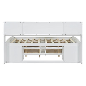 Merax Full Size Wood Daybed with 2 Bedside Cabinets, Upper Shelves and 4 Drawers, Full Daybed Sofa Bed for Living Room, Guest Room, White