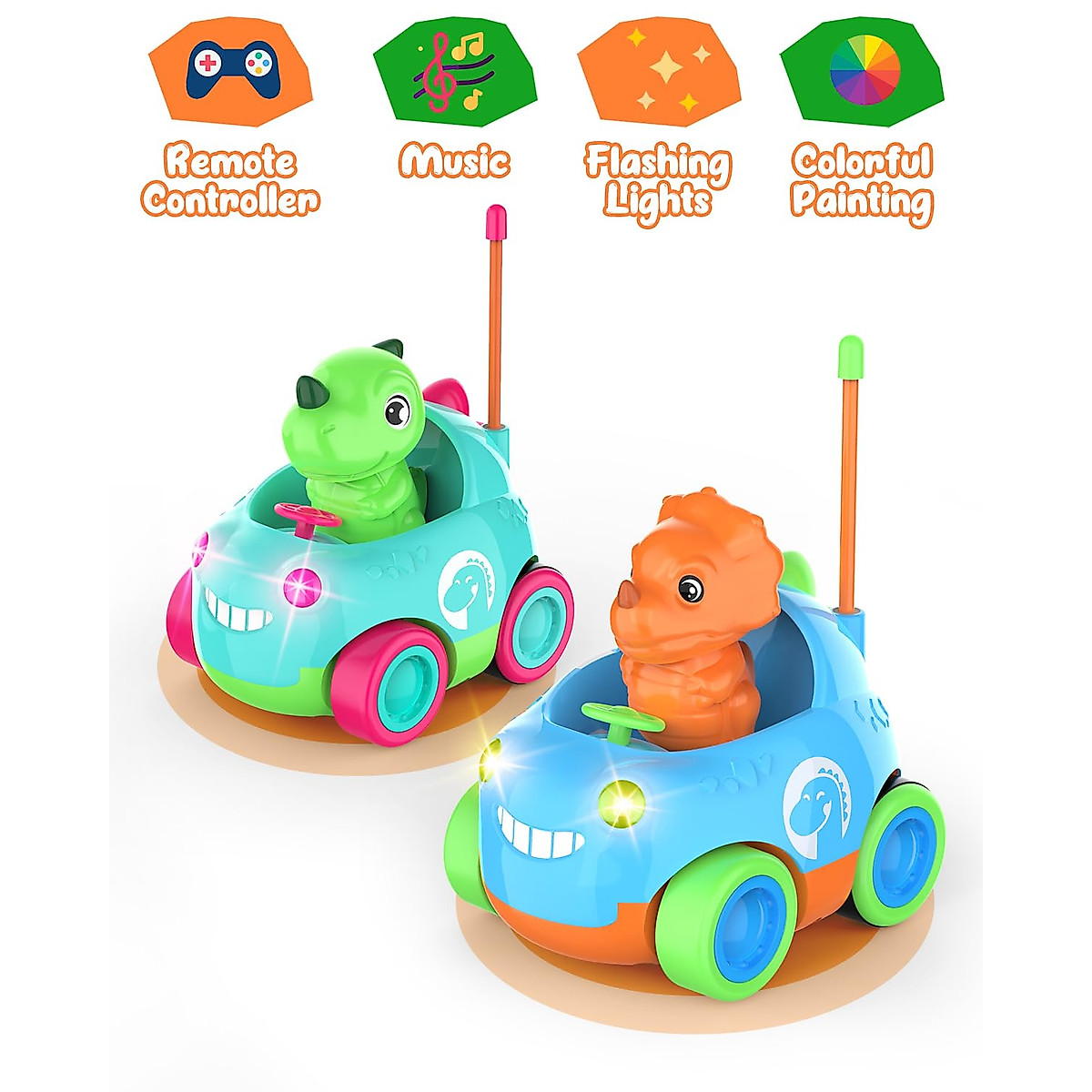 Qumcou Toddler Remote Control Car, Two Cartoon RC Cars for Toddlers, Dinosaur Toys for Kids 3-5, Birthday Gift for Boys & Girls, Car Toys with LED Lights & Music