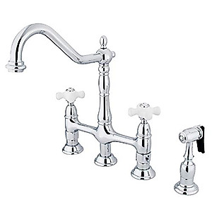 Kingston Brass KS1271PXBS 8-inch Center Heritage Two Handles Bridge Kitchen Faucet with Metal Side Sprayer, Polished Chrome