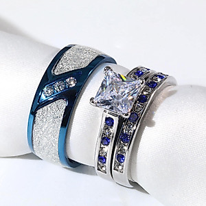 ringheart 2 His and Hers Ring Couple Rings White Gold Plated Princess Cut Cz Womens Wedding Ring Sets Red Titanium Steel Mens Wedding Bands