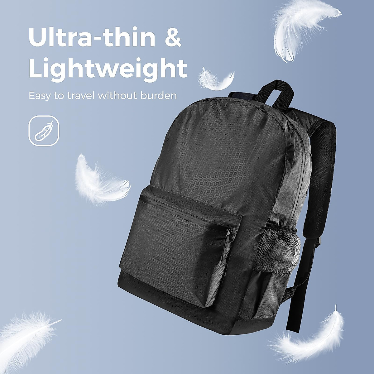 pack all 20L Lightweight Packable Backpack, Water Resistant Foldable Backpack, Travel Hiking Daypack with Waterproof Zippers (Black)