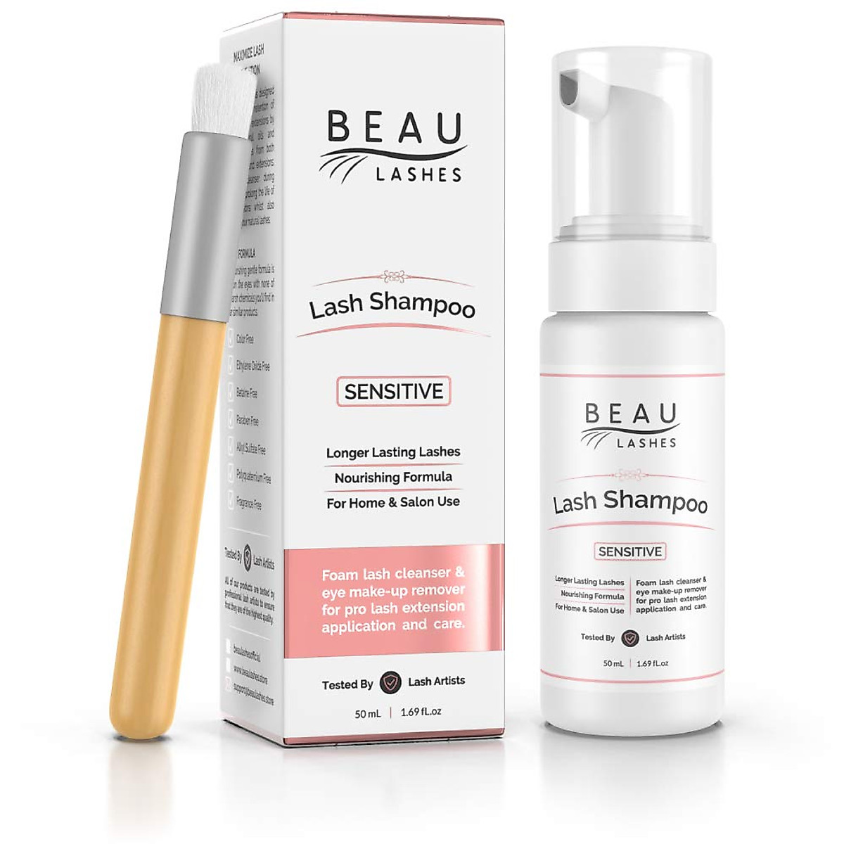 Korean Eyelash Extension Foam Cleanser Shampoo & Brush (50ml) - Oil Free Sensitive Paraben & Sulfate Free Eyelid/Lash Foaming Wash Cleaner To Remove Makeup & Mascara - Ideal For Salons And Home Care