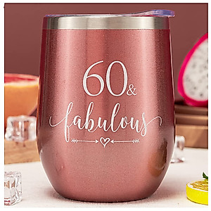 Crisky Rose Gold 60 & Fabulous Wine Tumbler for Women 60th Birthday Gifts for Women, Wife, Mom, Sister, Aunt, Friends, Coworker Her, Vacuum Insulated Coffee Cup,12oz with Box, Lid, Straw
