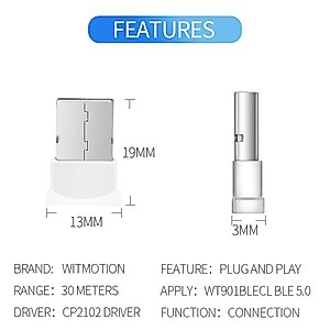 WitMotion BLE 5.0 Wireless Bluetooth USB Adapter, CP2102 Driver【 30meters Range, Anti-Dust, Small-in-Size, Plug and Play】 Bluetooth Dongle for WitMotion BLE 5.0 Sensor (WT901BLECL/ WT901BLE)