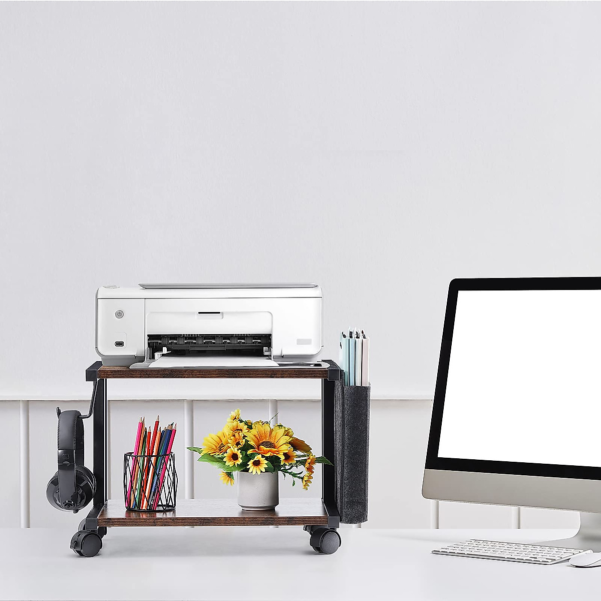 Printer Stand with Storage Bag Under Desk Printer Table on Wheels 2 Tier Small Desktop Rolling Stand Shelf for Fax Machine Scanner Files (Brown)