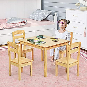 HONEY JOY Kids Wooden Table and Chair Set, 5-Piece Kiddy Sized Activity Table and Chair Set for Crafts Art, Toddler Playroom Furniture Set for Kids Ages 4-8(Natural)