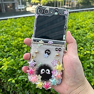 NXBNK for Galaxy Z Flip 5 Case, Soot Sprite Floral Hard Clear Phone Case for Samsung Galaxy Z Flip 5 2023 Plus a free phone chain, Cartoon Flip Case for Girls Women - Soot Sprite
