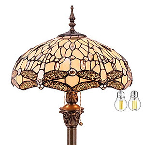 WERFACTORY Tiffany Floor Lamp Dragonfly Cream Stained Glass Standing Reading Light 16X16X64 Inches Antique Pole Corner Lamp Decor Bedroom Living Room Home Office S139 Series