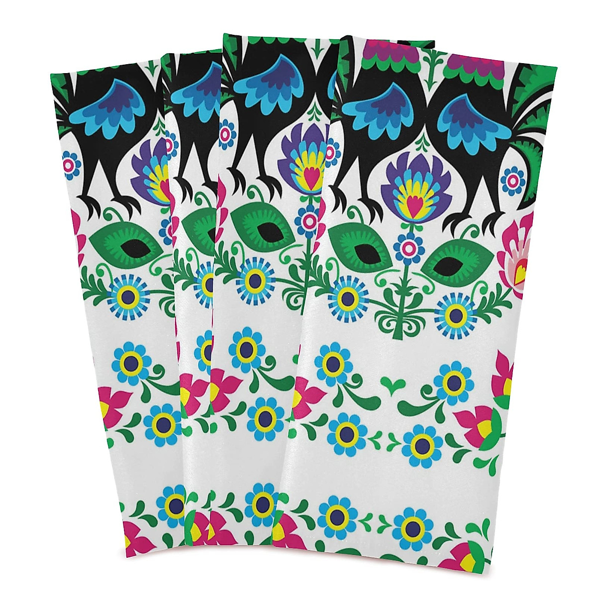 Polish Floral Rooster Folk Art Colorful On White Set of 1 Polyester Kitchen Dish Towel, Dishtowels Waffle Dishcloths, Hemmed Napkin Towel, Hand Bar Tea Towels with Hanging Loop