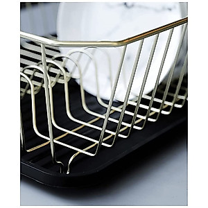 OLOTU Stable 1-Tier Dish Rack with Drainboard，Multifunctional Metal Utensil Holder for Kitchen Countertop，Durable Home Accessories，Black Dish Drying Rack