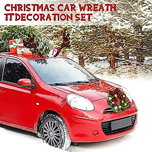 Yunlly 13 Inch Christmas Car Wreath Reindeer Antlers Car Kit with LED Lights, Glowing Led Car Reindeer Antlers with Bells Reindeer and Nose Kit Christmas Wreath Bow Decorations Car Exterior Car SUV