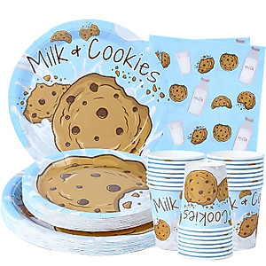 Milk & Cookies Party Supplies - Serves 24. Dinner, Dessert Plates, Cups, Napkins. Chocolate Chip Cookie Birthday Decorations for Kids, Boys, Girls & More