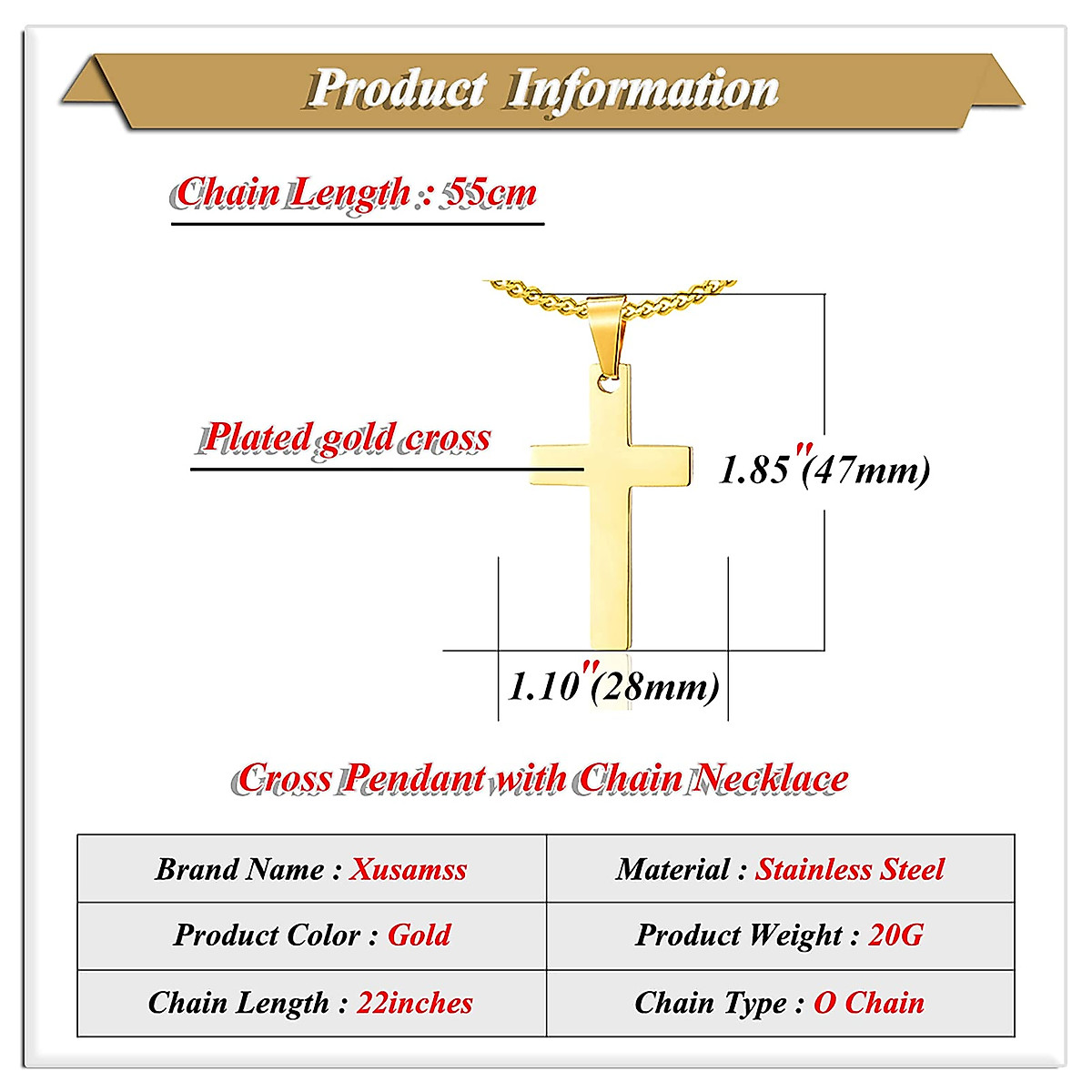 Xusamss 18K Gold Plated Stainless Steel Cross Religious Pendant Necklace,22inches Link Chain