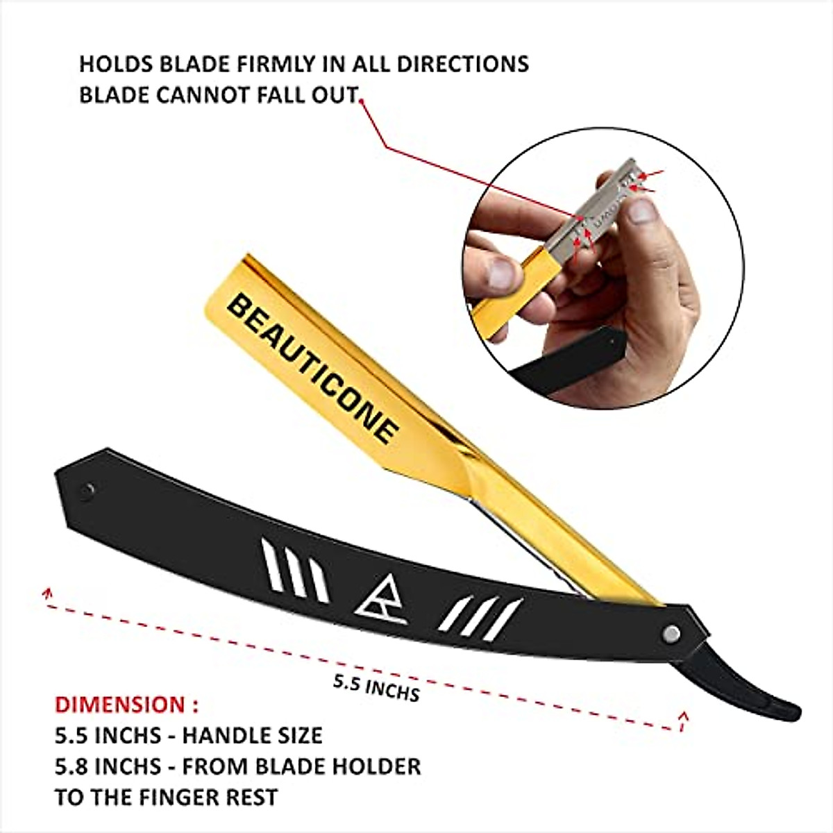 BEAUTICONE Straight Razor | Professional Barber Razor for men with 100 Single Edge Blades | Straight Edge Razor │slide-out design (Black and Gold Slide-out Razor)