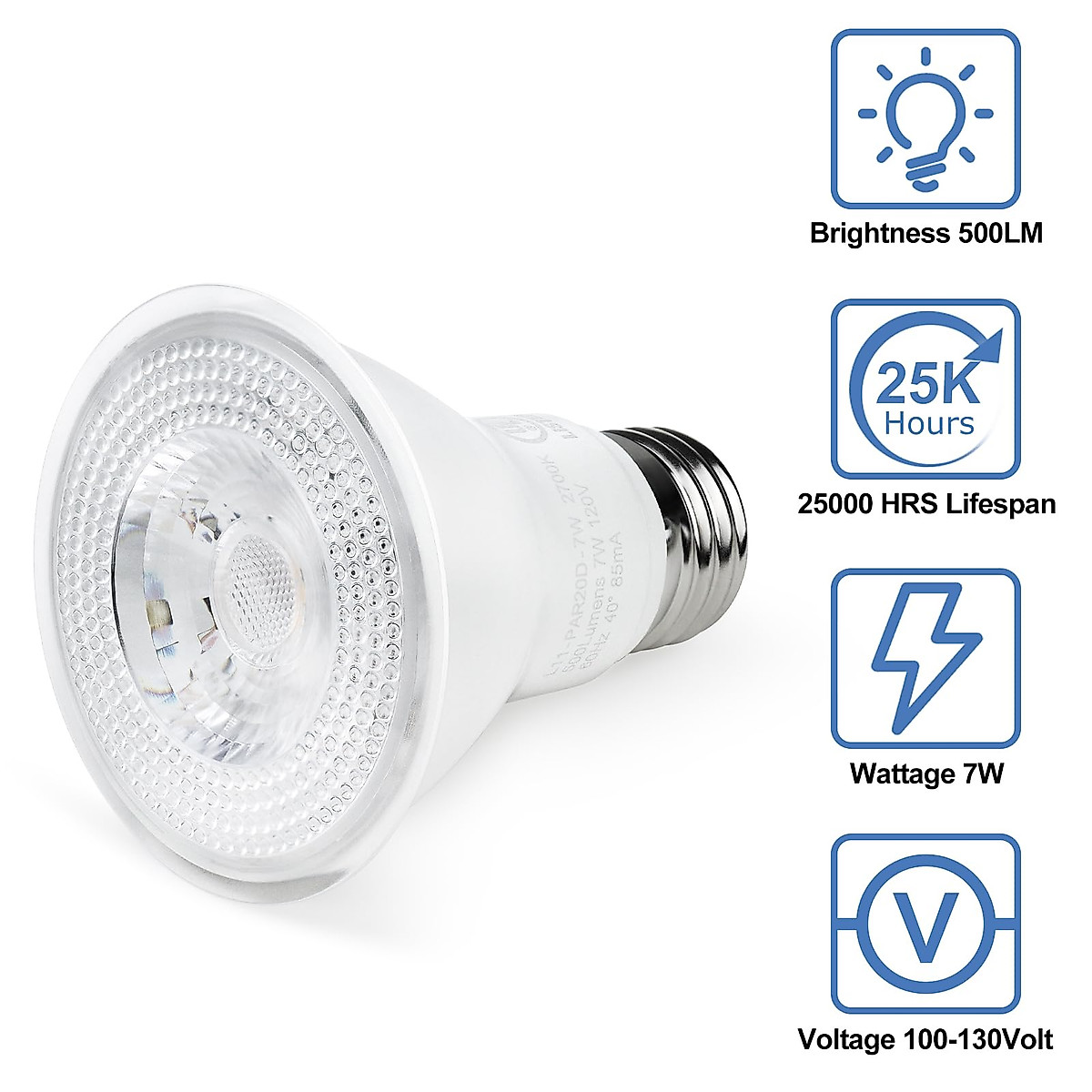 YGS-Tech 6 Pack PAR20 LED Light Bulbs, 7W Dimmable Flood Bulbs (50W Equivalent), LED Spotlight Bulb, 4000K Nature White, CRI80+, 500 Lumens, E26 Base, 25,000 HRS, Indoor/Outdoor - UL Listed