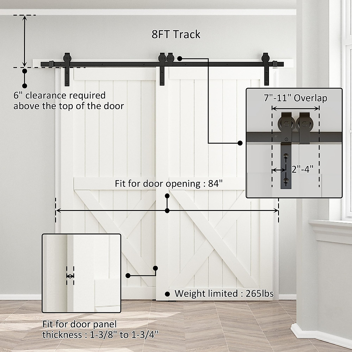 skysen 8FT Heavy Duty Sliding Barn Door Hardware Single Track Bypass Double Door Kit Black(Bypass J Shape-1)