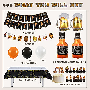 Whiskey Birthday Party Decorations for Men Aged to Perfection Party Supplies Include Birthday Banner Whiskey Garland Tablecloth Cake Toppers Foil Balloons for Whiskey Party Decorations for Dad Daddy