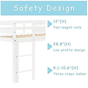 Tmosi Low Loft Bed Twin,Solid Wood Kids Twin Bed Frame with Ladders and Guard Rails,Space Saving Twin Size Loft Bed for Girl Boy,No Box Spring Needed,Easy to Assembly (Built-in Ladder-White)