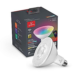 Globe Electric 50043 Wi-Fi Smart 10 Watt (90W Equivalent) Multicolor Changing RGB Tunable White Frosted LED Light Bulb, No Hub Required, Voice Activated, 2000K - 5000K, PAR38 Shape, E26 Base
