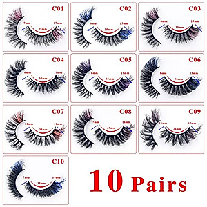 IFLOVEDEKD 10 Pairs Colored Lashes Russian Strip Lashes with 5 Colors 8 Styles Eyelashes Mix Wispy Faux Mink Fluffy Long False Eyelashes Reusable D Curl Lash Strips