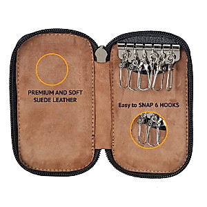 Adamis Full Grain Genuine Leather Keychain Holder Pouch, Key Case, Soft Strong and Compact Organizer and Wallet with Zip Closure for Extra Safety and 6 Key Holder Hooks in Black