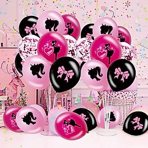 DPKOW Princess Balloons Pink Girls Balloons Hot Pink Latex Balloons Black Pink Confetti Balloon Bulk Cute Fairy Princess Party Decorations Supplies for Kids Girls Birthday Decor Baby Shower, 32pcs