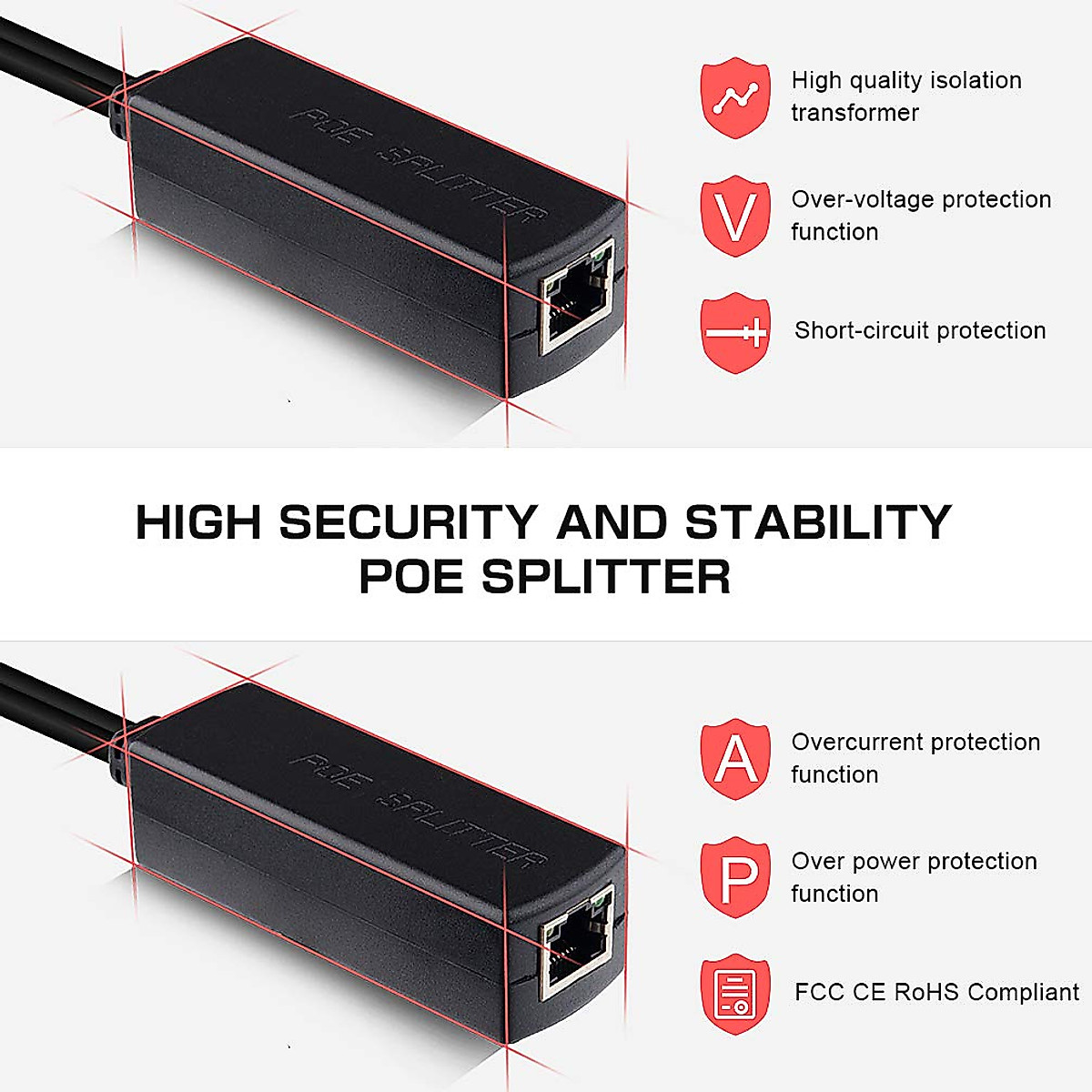 Active PoE Splitter - Power Over ethernet Splitter Adapter, 48V to 12V, IEEE 802.3af Compliant, 10/100Mbps PoE Splitter for Surveillance Camera, WAP and VoIP Phone, up to 100m, 2 Pack