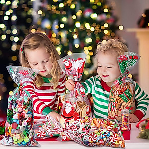 200 Pieces Christmas Cellophane Bags Christmas Cello Treat Bags Candy Bags Cookies Goody Bags with 300 Pieces Twist Ties for Theme Party Supplies, 8 Styles