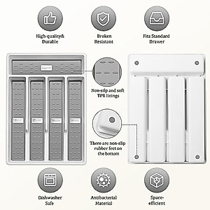 CherHome Silverware Organizer with Cutlery Icons，Silverware Tray for Kitchen Drawer，Plastic Flatware Tableware Silverware Drawer Organizer Utensil Organizer with Non-slip TPR Linings，5-Compartment（Grey）