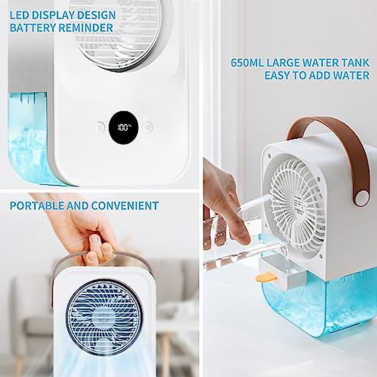 Evaporative Portable Air Conditioner with Touch Screen Remote Control, 650ML Water Tank, Display Prower Air Cooler Conditioner, 4 Speeds Quiet Portable Air Conditioners for Car, Bedroom, Living Room