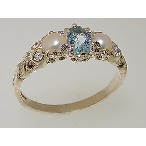LetsBuyGold 925 Sterling Silver Natural Aquamarine & Cultured Pearl Womens Anniversary Ring - Size 10.5