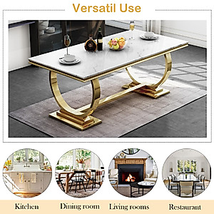 70" Modern Marble Dining Table, Luxury Gold Rectangular Kitchen Table for 6-8, Mid-Century White Faux Marble Dining Room Table with Mirrored Stainless Steel Pedestal Base for 6