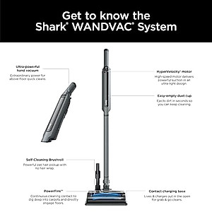 Shark WANDVAC System Pet Ultra-Lightweight Powerful Cordless Stick Vacuum with Charging Dock, WS642, Grey