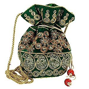 Purpledip Potli Bag (Clutch, Drawstring Purse) For Women With Intricate Gold Thread & Sequin Embroidery Work, Green (10039)