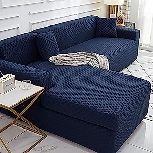 Checks Stretch Sofa Slipcover, Thick Sectional Couch Covers Elastic Bottom Removable L-Shaped Sofa Covers for Pets Cat Dog-Blue A-3 Seater+4 Seater