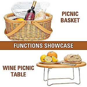 Wicker Picnic Basket Cooler with Portable Picnic Wine Table & Swing Handles for Beach, Camping, Park, Outdoor Party. Insulated Willow Cooler Baskets for Wine Lover. Best Gift for Christmas,Valentine