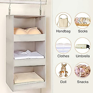 TOPIA HOME 3-Shelf Hanging Closet Organizer, Upgraded Thickened Fabric Hanging Closet Shelves, Collapsible Closet Organizers and Storage Organization, 12.2" W X 12.2" D X 31.0" H, Beige/Gray, 1 Pack