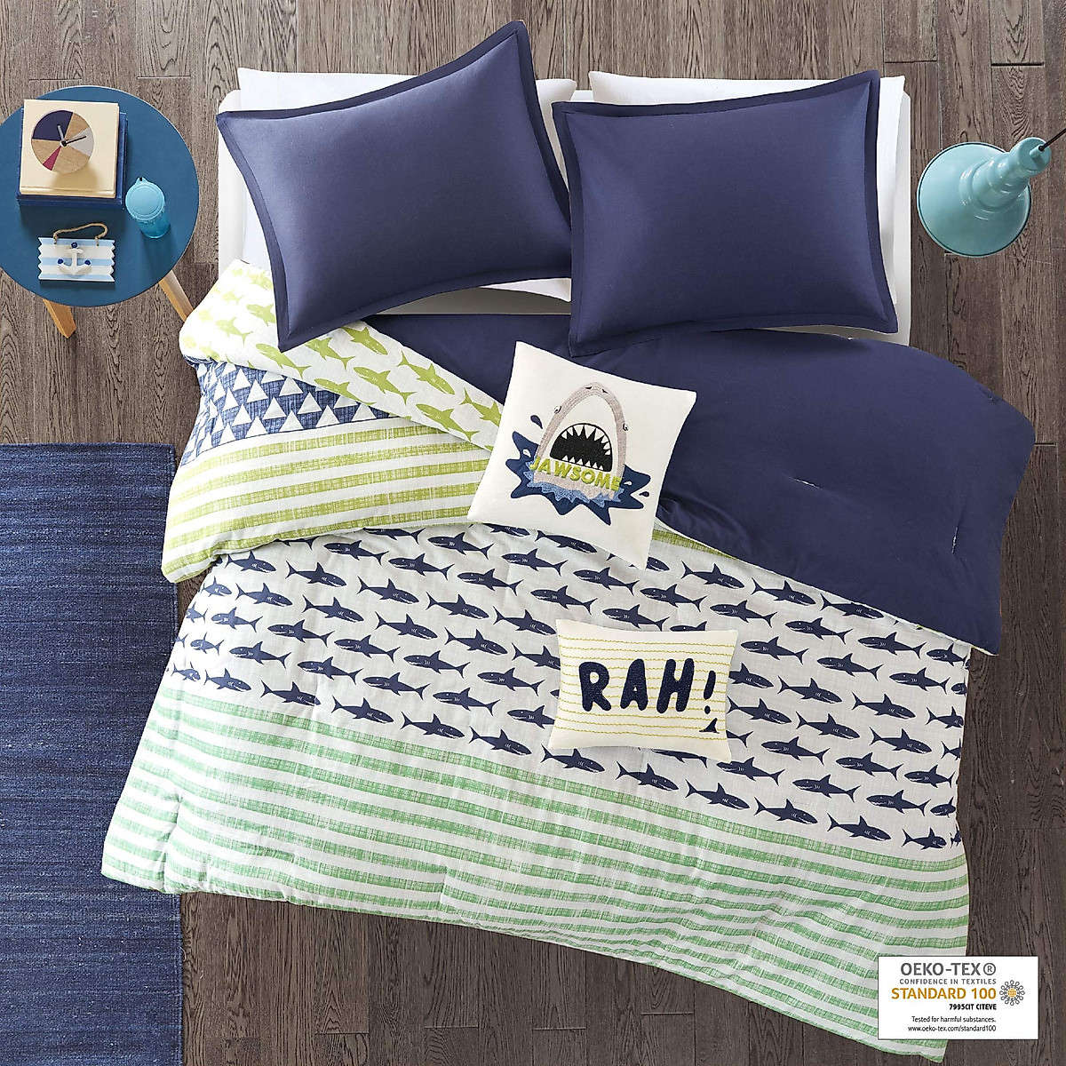 Urban Habitat Kids 100% Cotton Comforter Set-Fun Print and Vibrant Color Modern Design All Season Cozy Bedding,Matching Shams,Decorative Pillow, Full/Queen,Shark Stripes Green/Navy with 2dec pillows