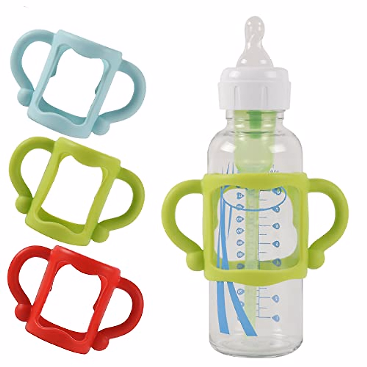 (3-Pack) Bottle Handles for Dr Brown Narrow Baby Bottles with Easy Grip Handles to Hold Their Own Bottle - BPA-Free Soft Silicone - Red Green and Blue