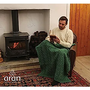 Carraig Donn Irish Cable Knit Blanket Celtic Aran Throw - 100% Merino Wool Made in Ireland - 40"x 55" (102 x 140 cm)(Kiwi/Connemara Green)