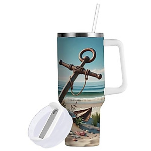 Burbuja Nautical Anchor Beach 40oz Insulated Tumblers with Handle and Straw Lid, Double Wall Stainless Steel Travel Mug Leak-Proof, BPA Free, Gift for Mom Dad