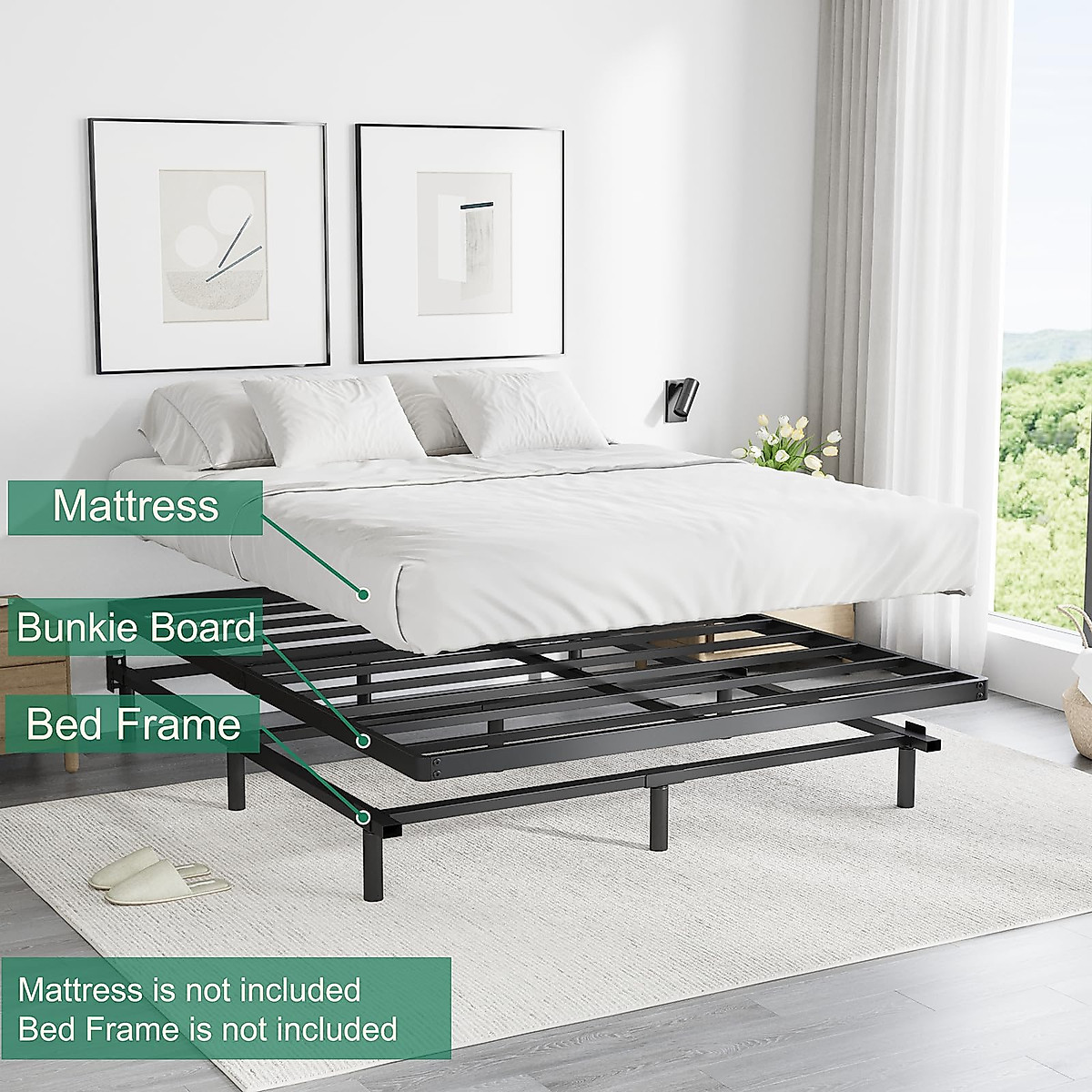 Woozuro 2 Inch Queen Bunkie-Board Only, Low Metal Box-Spring Frame with Steel Slats, Quick Lock Bed-Slat Replacement, Noise Free Mattress Surpoort Base, Upholstered Bed Frame Accessories, Black