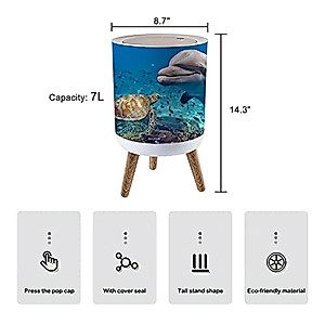 Small Trash Can with Lid Dolphin and Turtle Underwater on Reef 7 Liter Round Garbage Can Elasticity Press Cover Lid Wastebasket for Kitchen Bathroom Office 1.8 Gallon
