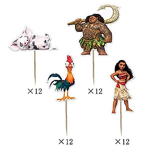 48 pcs Moana Cupcake Toppers for Cake Decor Kids Birthday Party Cake Decoration Supplies