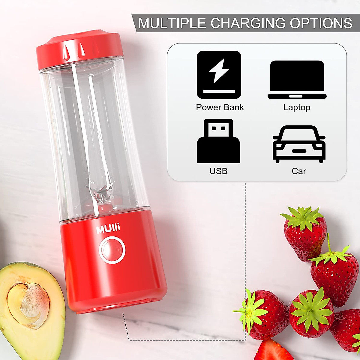 Mulli Portable Blender,16oz USB Personal Mixer for Smoothie and Shakes, Mini Blender with Six Blades for Baby Food,Travel,Gym and More