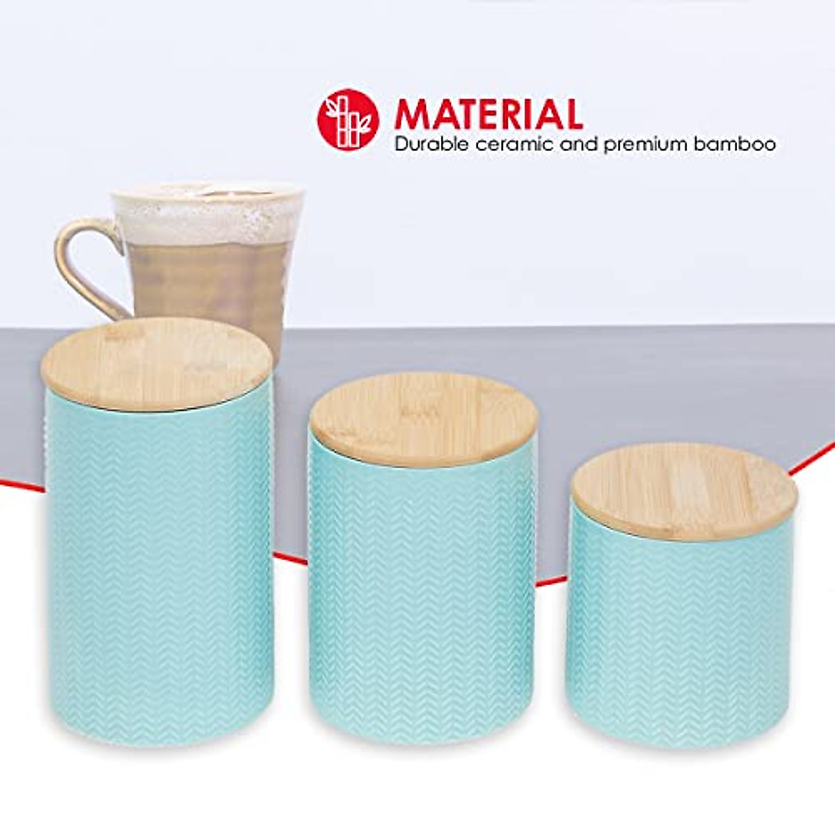 Home Basics Wave 3 Piece Ceramic Canister Set With Bamboo Tops, Turquoise
