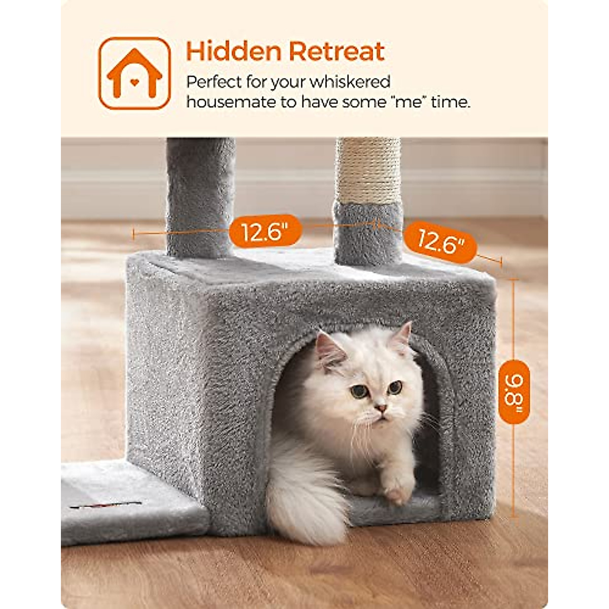 Feandrea Cat Tree, Small Cat Tower with Padded Perch, Cat Cave, 3 Pompoms, Cat Activity Center, Light Gray UPCT121W01