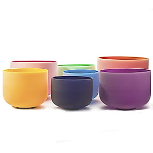 440 HZ Set of 7 Pieces of Color Frosted Quartz Crystal Singing Bowls 6"-12" + mallets & O-rings