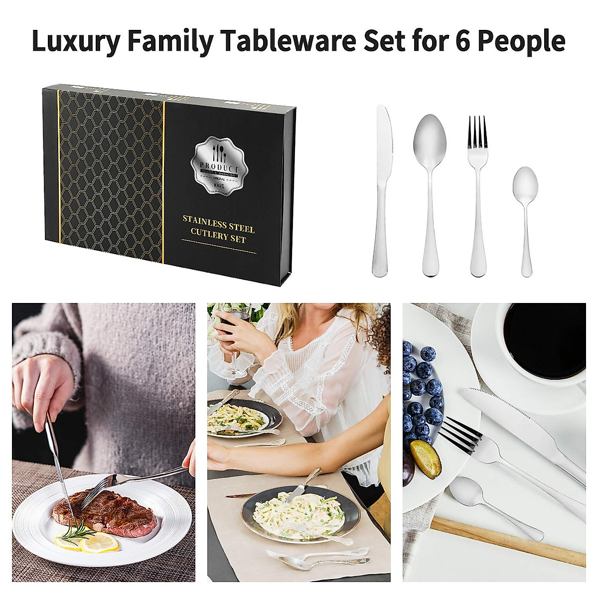 NAMUPIE 24-Piece Stainless Steel Flatware Silverware Set with Premium Gift Box Service for 6, Superior Cutlery Set Suitable for Family Party Includes 6 Knifes/ 6 Forks/ 6 Spoons/ 6 Teaspoons